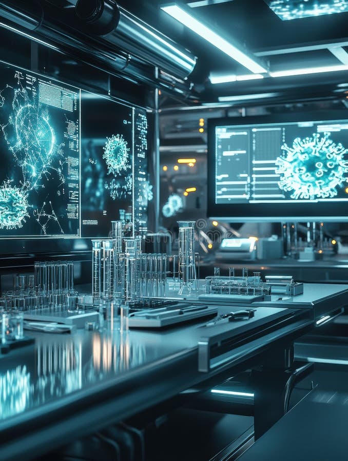 Modern Laboratory Setup Featuring Glowing Monitors and Test Tubes in ...