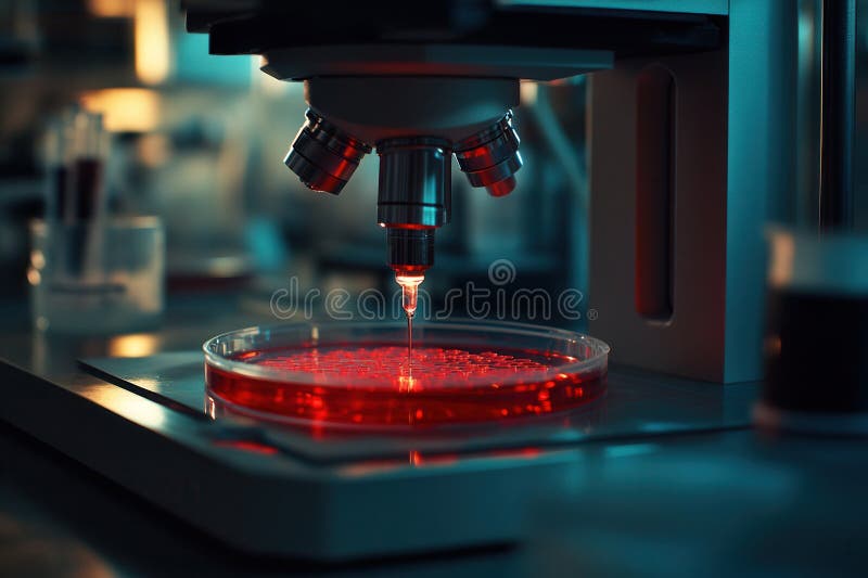 Advanced Laboratory Microscope Focused on a Petri Dish Filled with Red ...