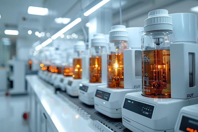 Advanced Laboratory with Rows of High-tech Equipment and Glowing Orange ...