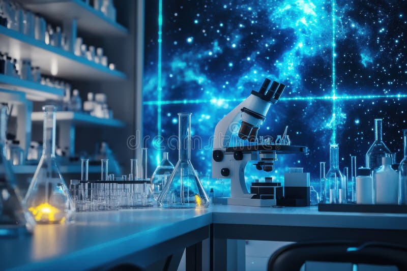 Advanced Laboratory Setup Showcasing Research Tools and Cosmic Visuals ...