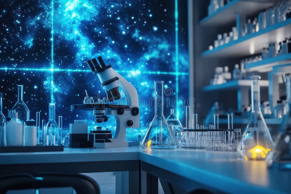 Advanced Laboratory Setup Showcasing Research Tools and Cosmic Visuals ...