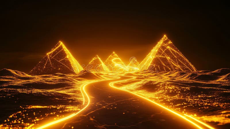 An Advanced Landscape with Radiant Pyramids and Glowing Paths, Crafting ...