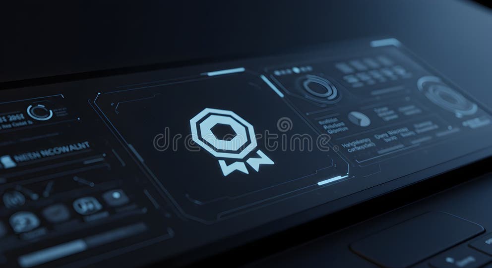 Futuristic Laptop Interface Displaying Award Icon and Data for ...