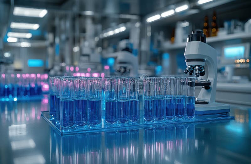 Advanced Light Blue Laboratory with Test Tubes and Microscopes in a ...