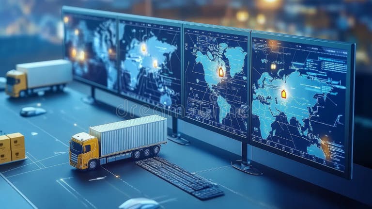 Advanced Logistics Control Room with Multiple Interactive Screens Stock ...