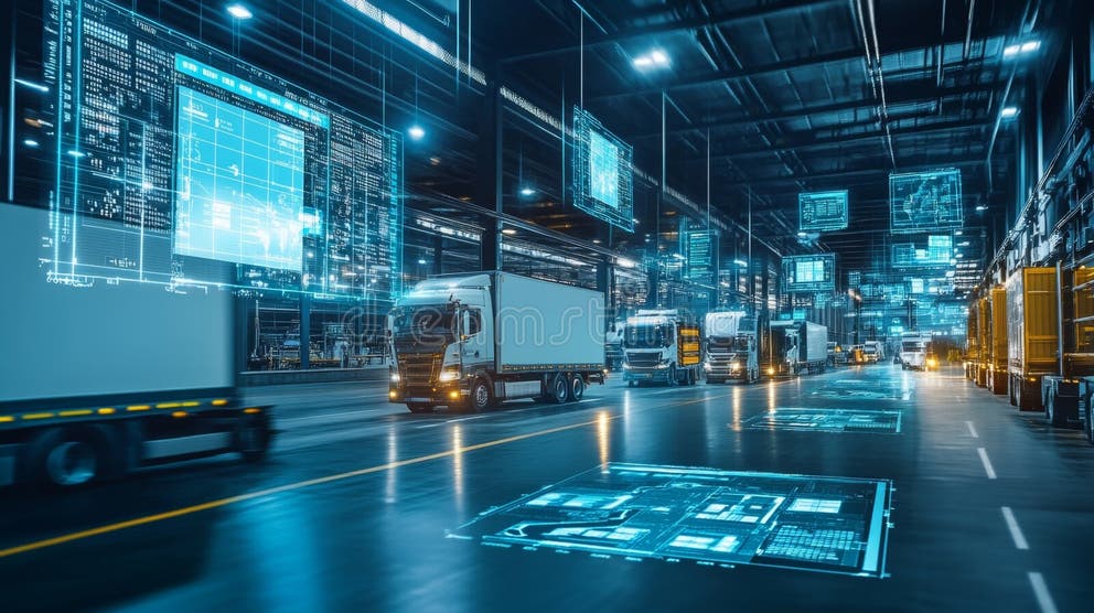 Advanced Logistics Control Room with Screens and Trucks in Warehouse ...