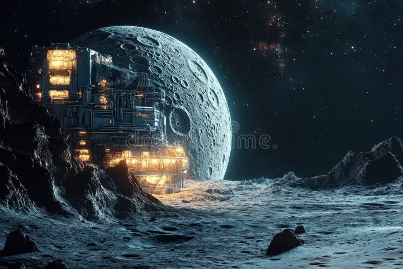 Advanced Lunar Base Illuminated Against a Backdrop of Stars and a Large ...