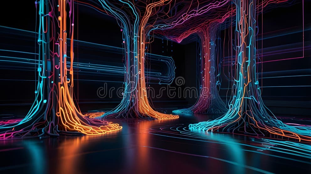 Advanced Machine Learning Algorithms Visualized As Flowing Neon Pathways Stock Illustration ...