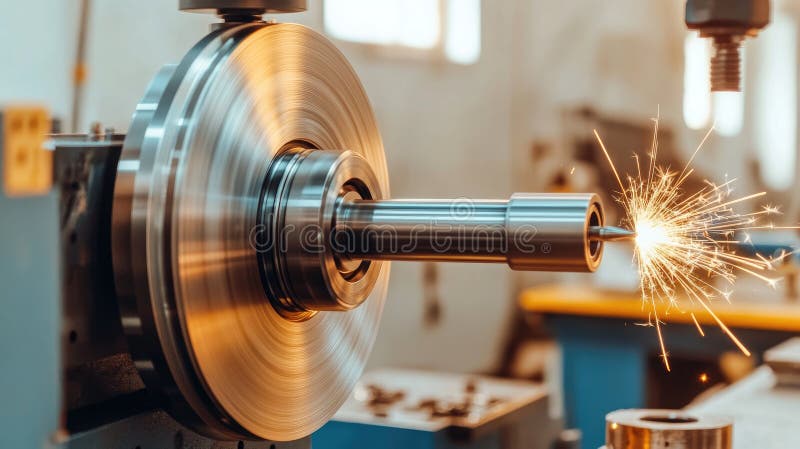 Close-up of Advanced Machinery Turning a Metal Part with Flying Sparks ...