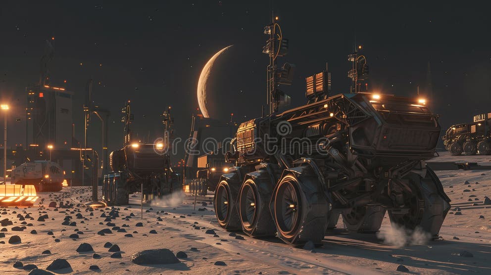 Advanced Machinery Operates Under a Crescent Moon, Extracting Regolith ...