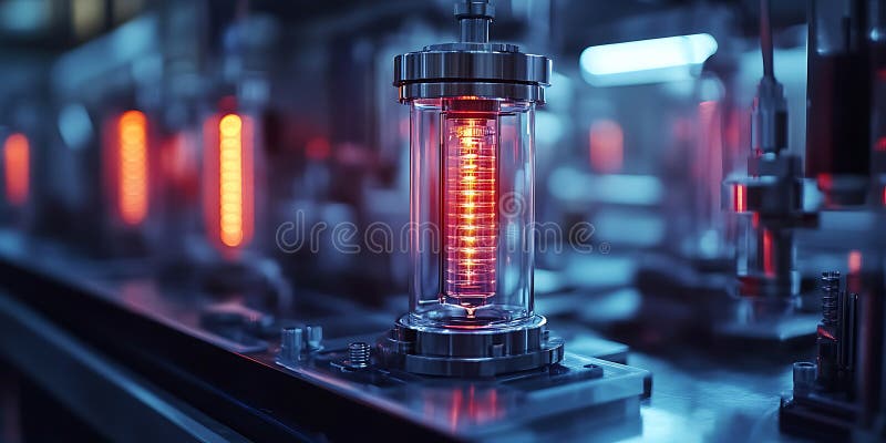 Close Up of Manufacturing Equipment with Red Glowing Components in a ...