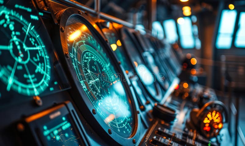 Advanced Maritime Navigation Radar Screen Glowing in a Dimly Lit Ships ...