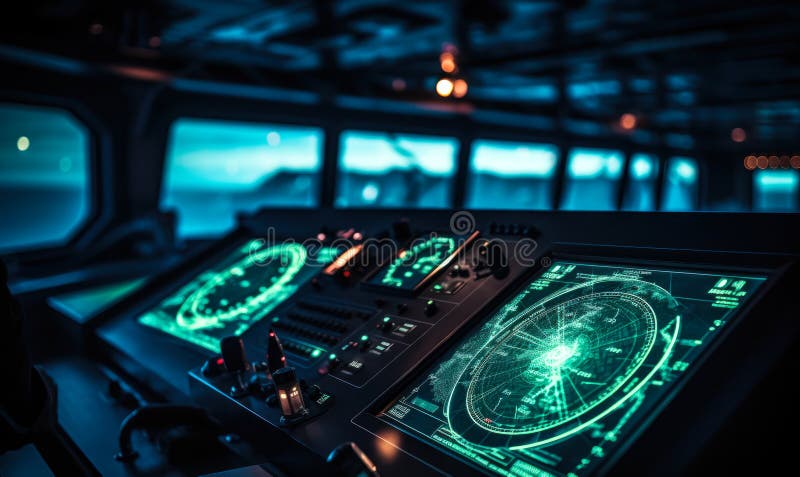 Advanced Maritime Navigation Radar Screen Glowing in a Dimly Lit Ships ...
