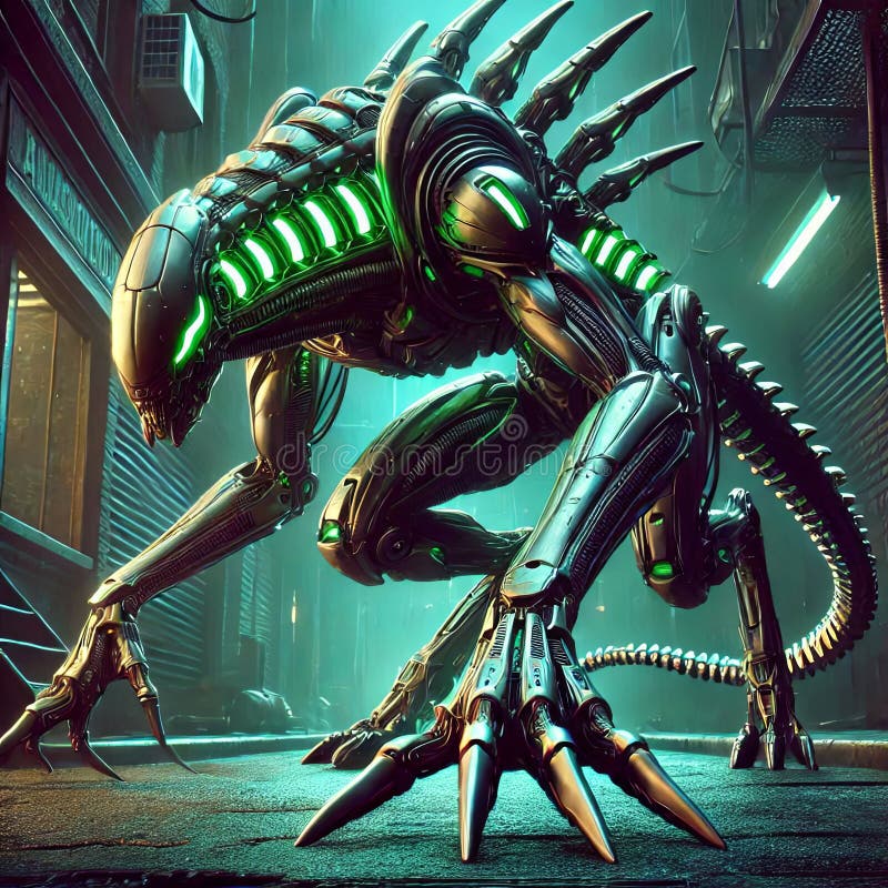 Advanced Mechanical Predator on a Rainy Night Stock Illustration ...