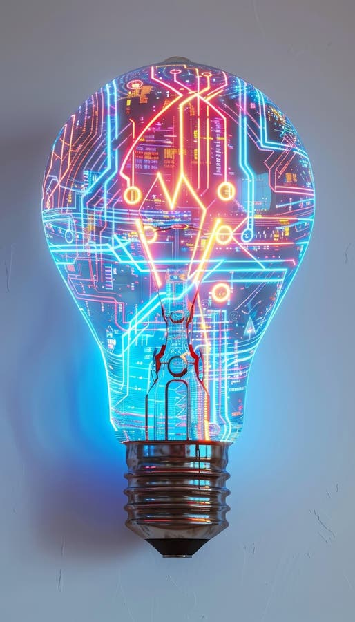 Advanced Mechanized Lightbulb Design with Holographic Textures and Neon ...
