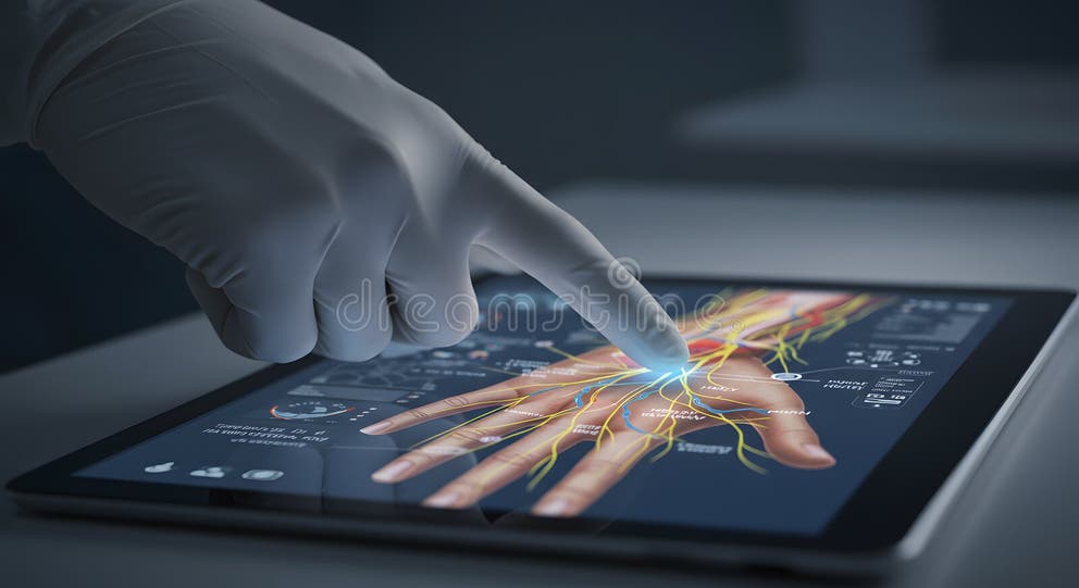Advanced Medical Technology: Gloved Hand Interacting with a Tablet ...