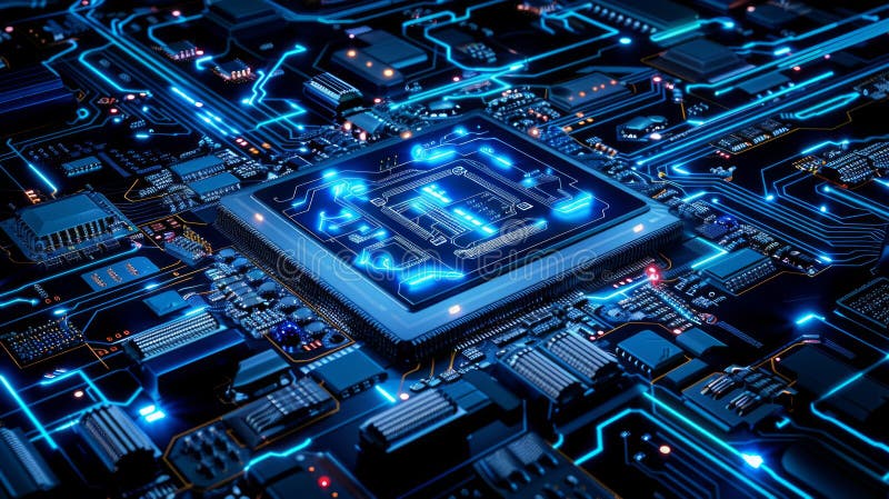 Advanced Microchip Circuit Board Technology, Neon Blue Light ...
