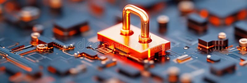 Advanced Microchip Circuitry with Glowing Orange Lock Symbol ...