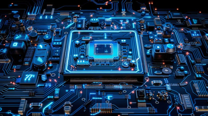 Advanced Microchip CPU with Glowing Neon Blue Circuits, Data Processing ...