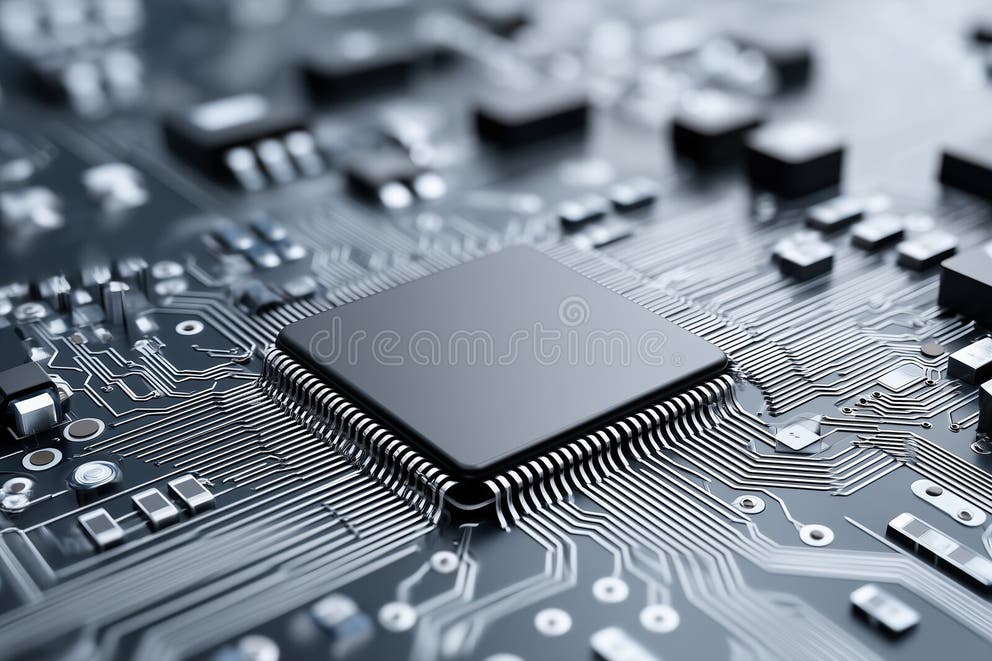 Advanced Microchip on Detailed Electronic Board. Precision Engineering ...
