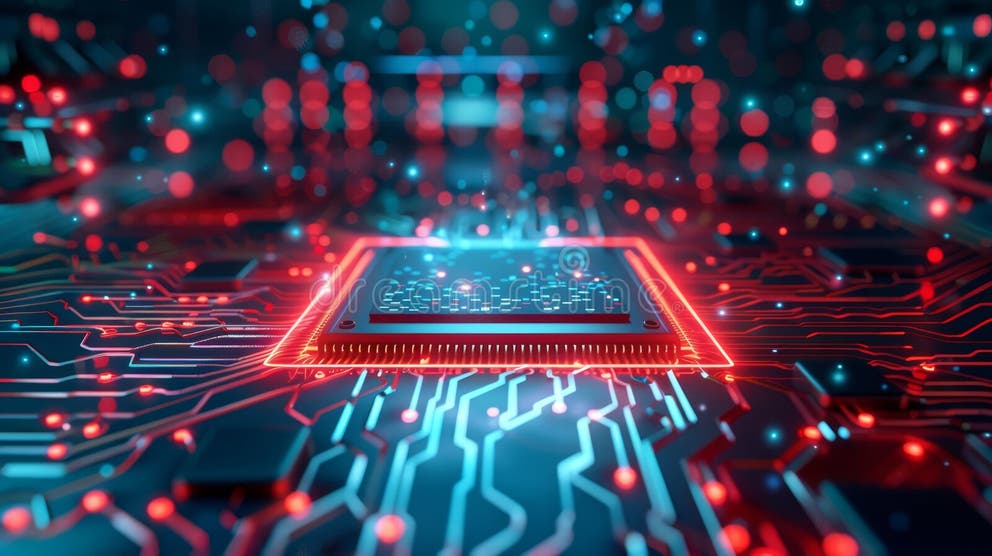 Advanced Microchip with Glowing Red Circuitry Stock Illustration ...