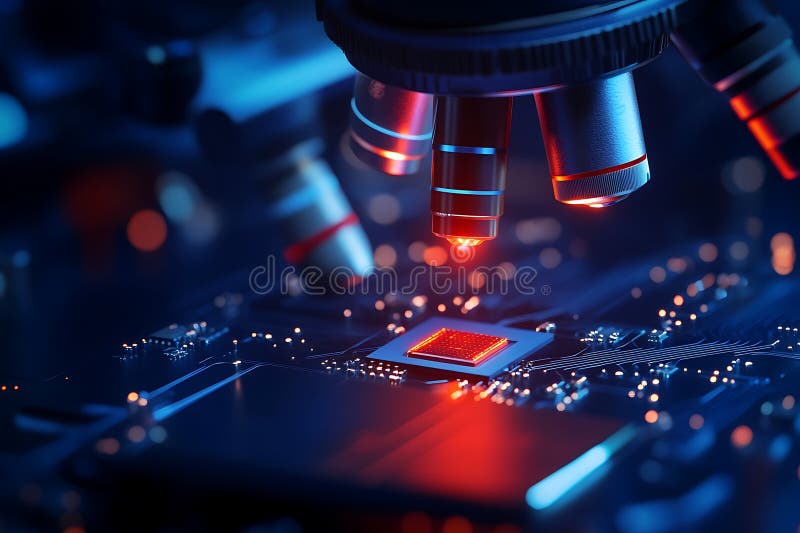 Advanced Microchip Inspection Microscope Examining Circuit Board ...