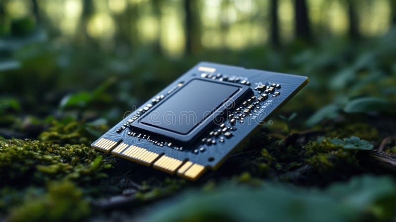 Advanced Microchip in Lush Green Forest Setting Stock Illustration ...