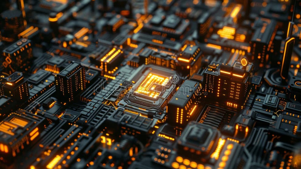 Advanced Microchip Tech: Futuristic Circuit Board with Glowing Orange ...