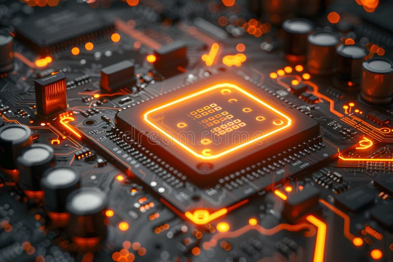 Advanced Microprocessor On Circuit Board In Red Glow Stock Illustration