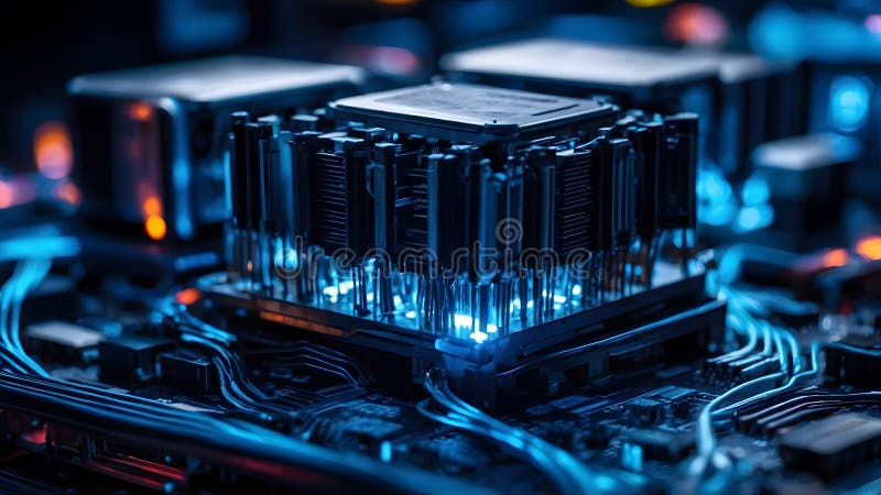 Advanced Microprocessor with Glowing Circuitry on Motherboard during a ...