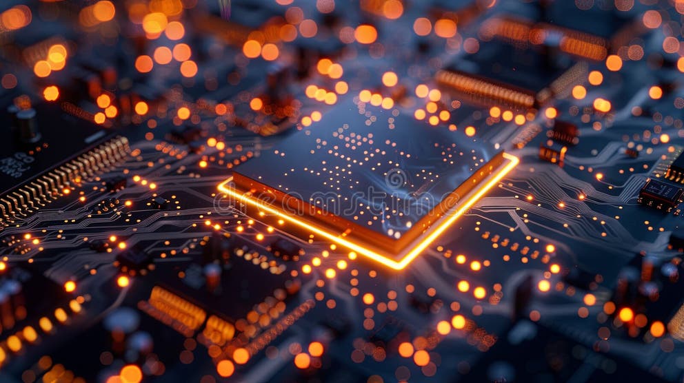 An Advanced Microprocessor on a Motherboard, Surrounded by Digital Data ...