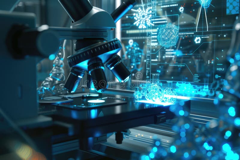 Advanced Microscope and DNA Helix Visualization in High-Tech Laboratory ...