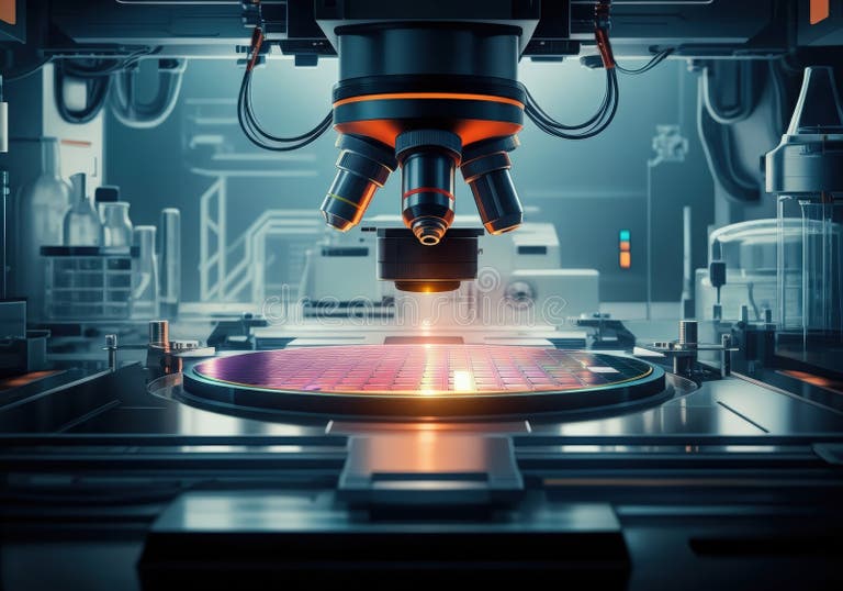 Advanced Microscope Examining a Silicon Wafer in a High-tech Lab Stock ...