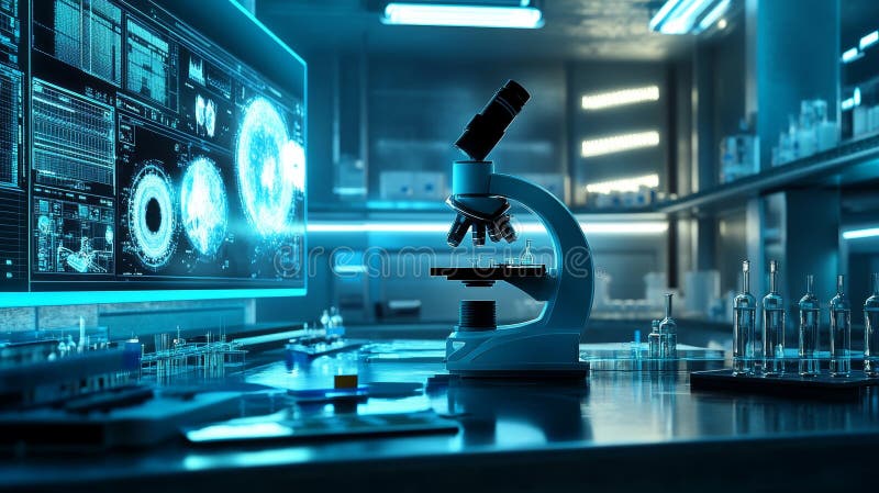 Advanced Microscope in High-tech Laboratory with Digital Displays and ...