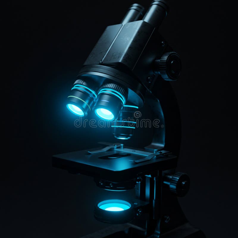 An Advanced Microscope Illuminated with Neon Blue Light, Emphasizing ...