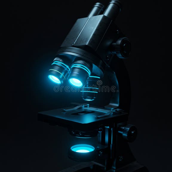 An Advanced Microscope Illuminated with Neon Blue Light, Emphasizing ...