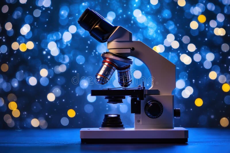 Advanced Microscope on a Table with Bright Bokeh Lights in the ...