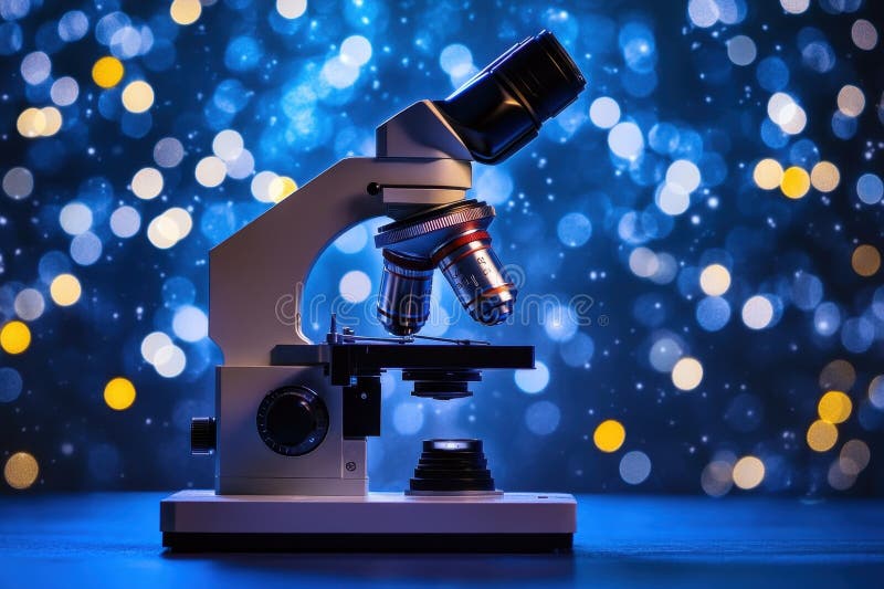 Advanced Microscope on a Table with Bright Bokeh Lights in the Background at Night Stock Photo ...
