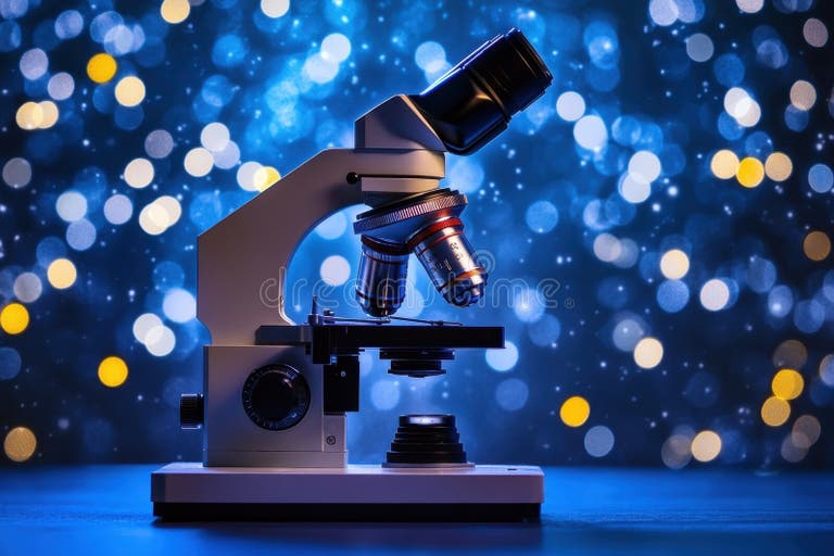 Advanced Microscope on a Table with Bright Bokeh Lights in the ...