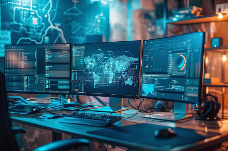 Advanced Monitoring Setup With Multiple Screens Displaying Global Data Maps And Analytics Stock