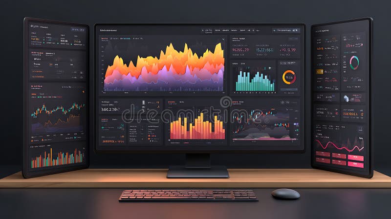 Advanced Multi Monitor Setup Displaying Complex Financial Data and Real Time Analytics Charts ...