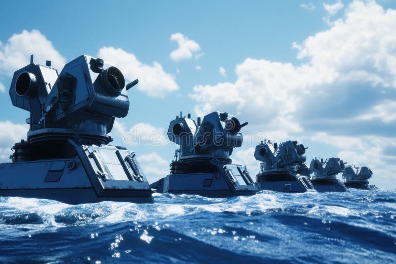 Advanced Naval Technology Displayed with Defensive Turrets on the Ocean ...