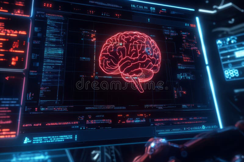 An Advanced Neural Interface Displaying Glowing Digital Circuits, Interconnected Data Streams ...