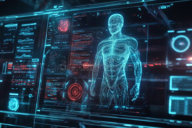 An Advanced Neural Interface Displaying Glowing Digital Circuits, Interconnected Data Streams ...