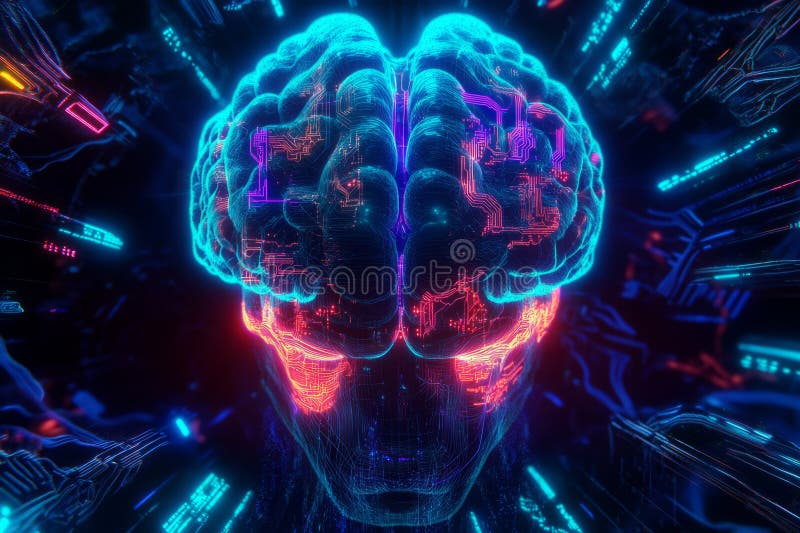 An Advanced Neural Interface Displaying Glowing Digital Circuits, Interconnected Data Streams ...