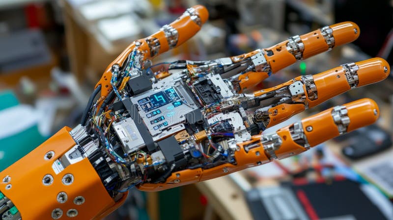 Advanced Orange Robotic Hand with Exposed Circuitry in a Workshop ...