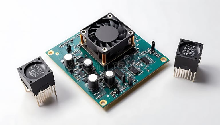 Advanced PCB with Cooling Fan and Electronic Components on White ...