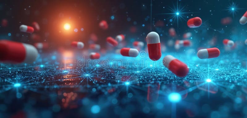 Advanced Pharmaceutical Technology, Pills in Motion Over Digital Network. Red, White Capsules ...