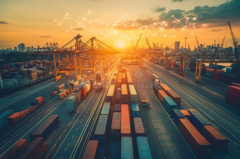 Advanced Port Logistics at Sunset, Global Shipping Network with ...