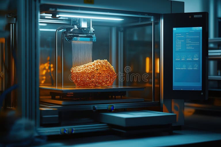 High-tech 3D Printer Building Intricate Object with Precision in Dimly ...